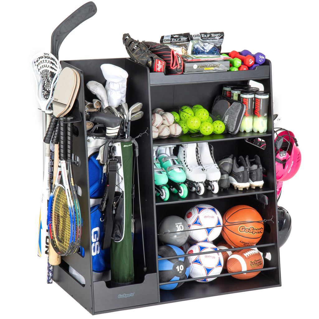 GoSports Premium Wooden Sports Equipment Organizer with Storage Hooks